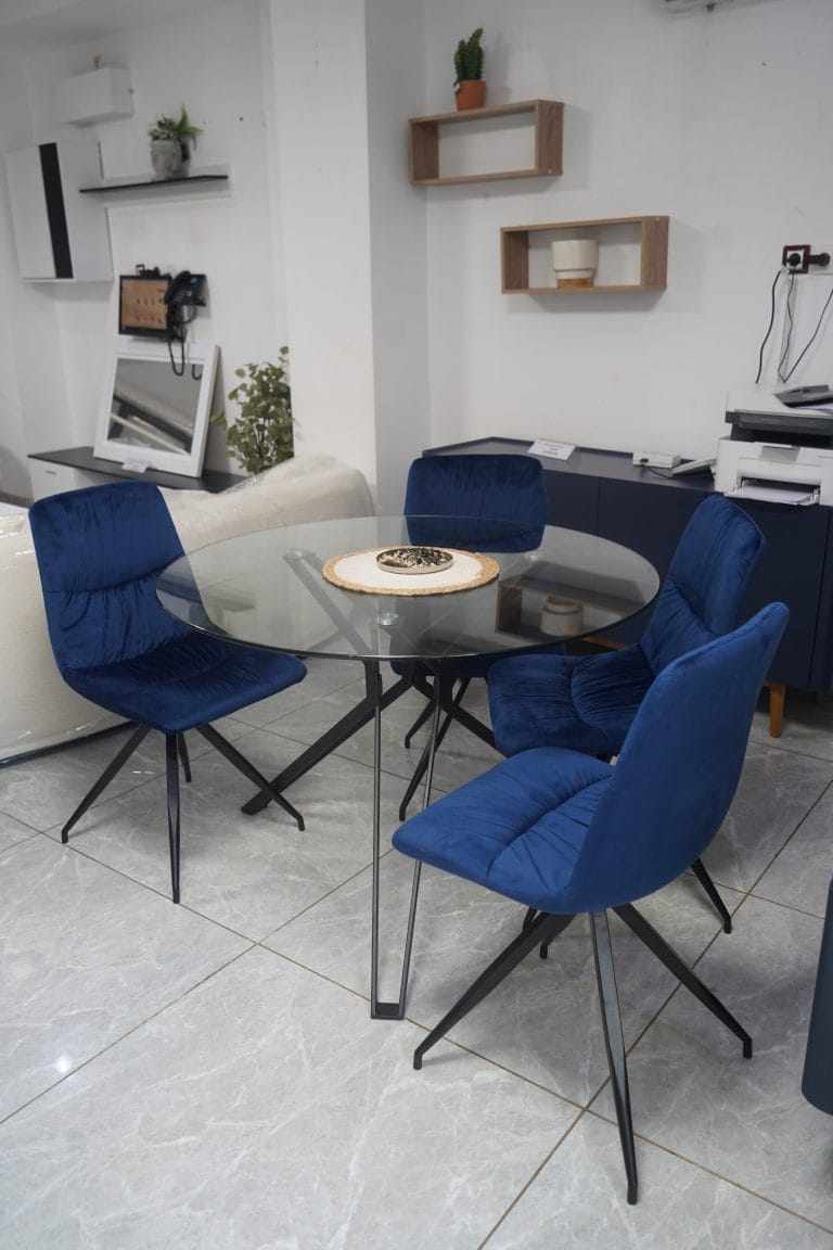 Ensemble DENNIS Table à Manger Ronde D110 + 4 DELSA Chaise Bleu Velour ...