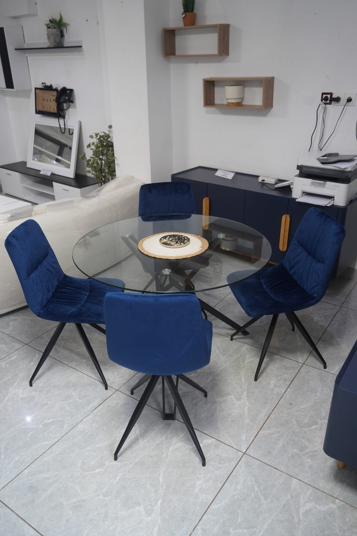 Ensemble DENNIS Table à Manger Ronde D110 + 4 DELSA Chaise Bleu Velour ...